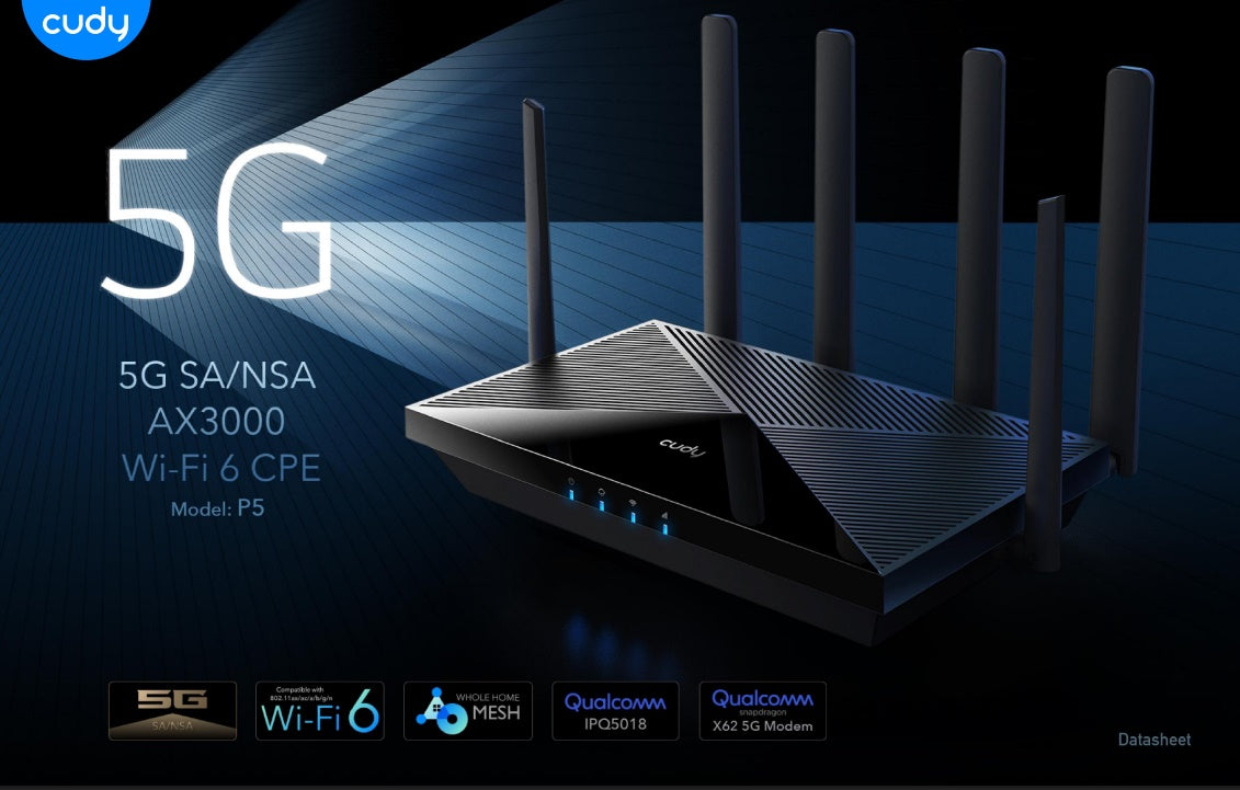 Maršrutētājs Cudy P5 AX3000 Wi-Fi 6 5G SA/NSA Dual- SIM 5GHz 2402Mbps/